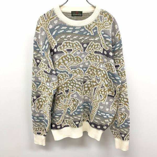 WEEKEND SWINGER - L メンズ 男性 プルオーバー ニット セーター 総柄 丸首 長袖 日本製 綿×アクリル オフホワイト×茶緑×青系×紫