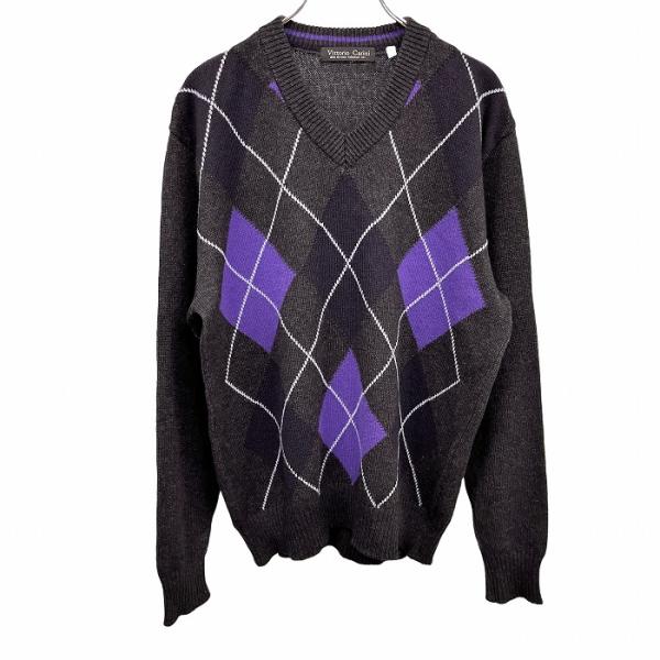 Vittorio Carini ニット セーター アーガイル Vネック 長袖 毛×アクリル×ナイロン 46 杢チャコールグレー 杢グレー×青×紫 メンズ
