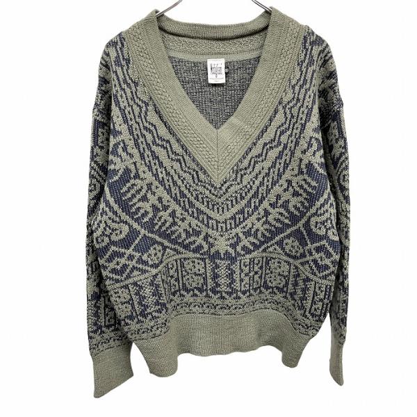 モディリアーニ Modigliani セーター ウールカットソー 総柄 Vネック 長袖 プルオーバー 毛×アクリル×ナイロン M グリーン 緑×紺 メンズ