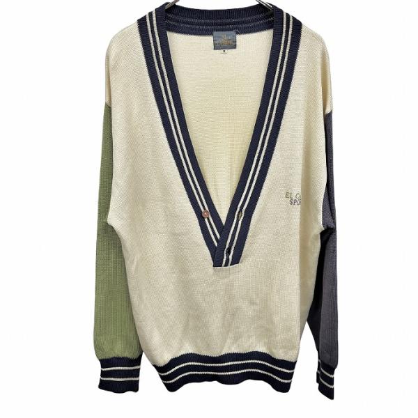 EL CARRIL ニット セーター 深いVネック 長袖 ロゴ刺繍 チルデン 日本製 古着 アクリル×ウール M アイボリー×紺×緑×青紫 メンズ