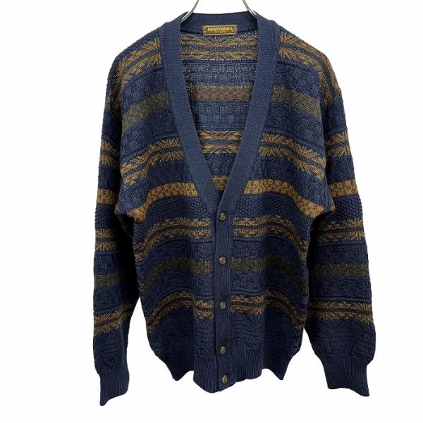 NEWCOMER'S カーディガン ジャカード ボーダー チェッカー×フェアアイル 長袖 日本製 アクリル×毛 M ネイビー 紺×茶×緑 メンズ