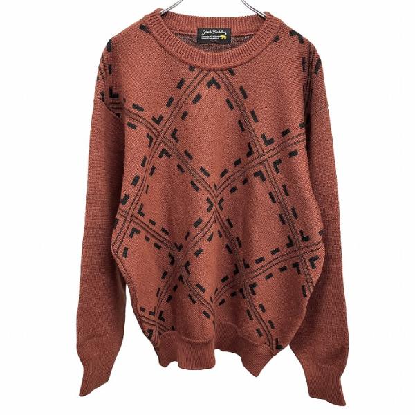 ジャックニクラウス Jack Nicklaus セーター ニット ウィンドウペン 破線 丸首 長袖 ニューウール100% L ブラウン 茶×黒 メンズ