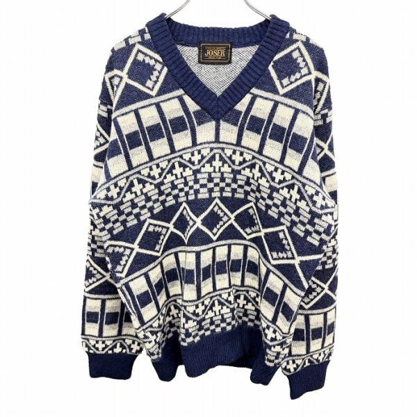 JOSER 総柄ニット セーター Vネック 長袖 プルオーバー ロングスリーブ アクリル×ナイロン ブルー 青×グレー×オフホワイト メンズ