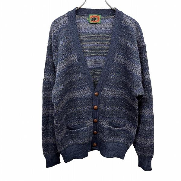ボストントレーダーズ BOSTON TRADERS カーディガン ニット Vネック 長袖 ロングスリーブ ウール100% L ブルー 青×紺×緑 メンズ