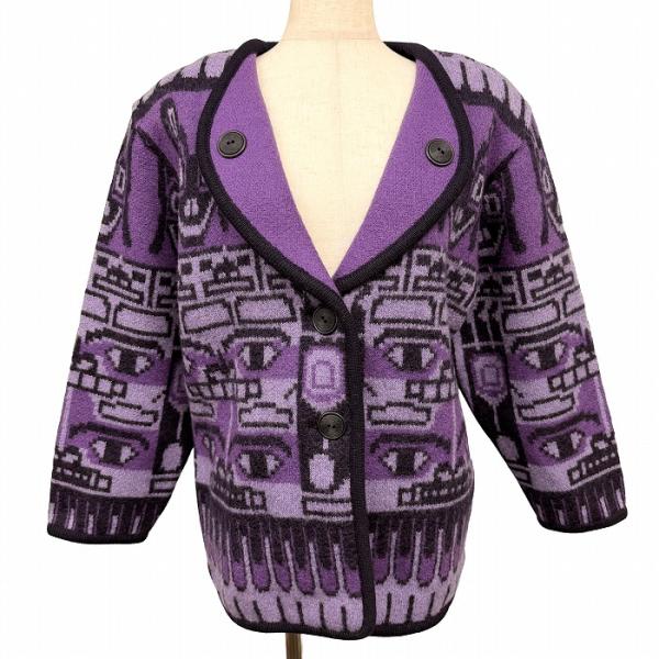 ロングハウス LONGHOUSE 総柄 カーディガン 民族柄 ボタン留め 長袖 厚手の肩パッド カナダ製 ウール100% M パープル 紫×紺 レディース