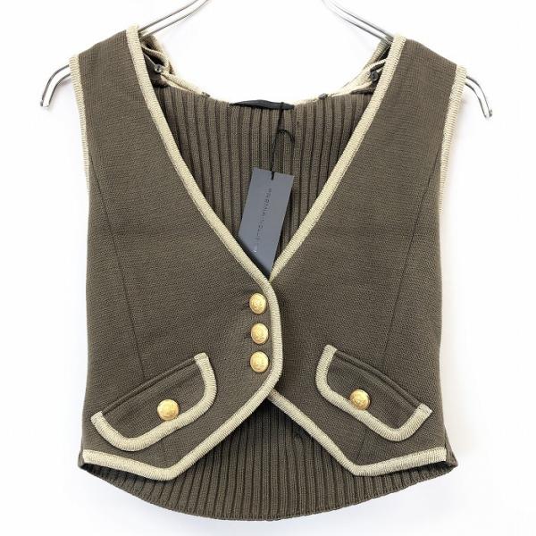 【新品】PREMIA INCLUSION プレミアインクルージョン 38 レディース フード付き ニット ベスト 日本製 ダークブラウン×イエローゴールド