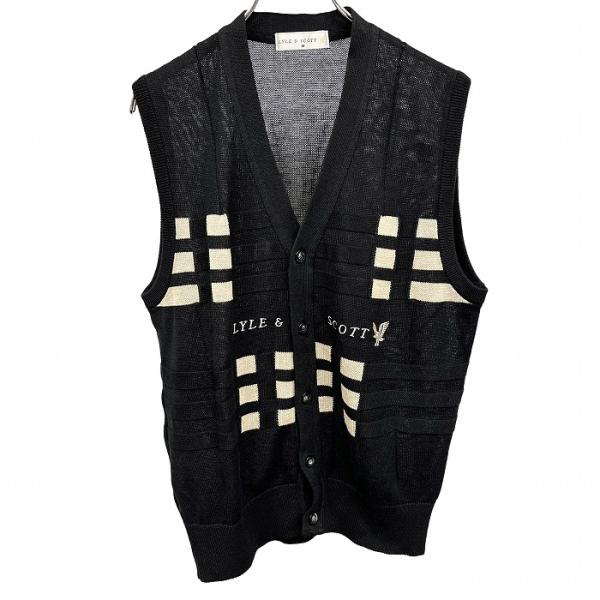 LYLE＆SCOTT ベスト ノースリーブカーディガン 鳥と英字ロゴの刺繍 ジャカードチェック 麻×アクリル M ブラック 黒×ベージュ メンズ