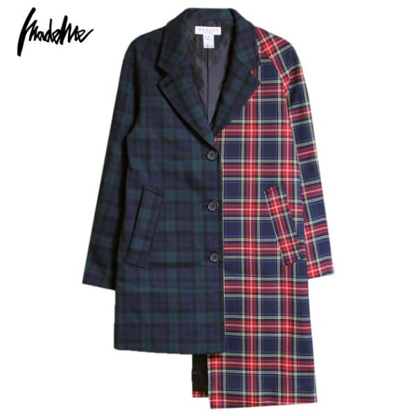 ストリートウェアのマスキュリンなイメージを払拭し、ファッション性に富んだプレイフルなガールズストリートウェアを提案する MADE ME(メイド・ミー)。左右で異なるチェックパターンを採用したプレッピーな印象のチェスターコート。素材はポリエス...