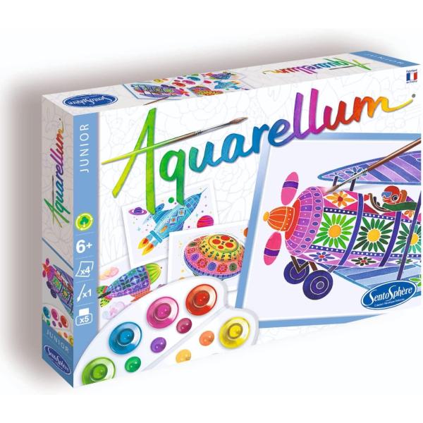 子どもから大人まで誰でも魔法のようなグラデーションの塗り絵が楽しめる！フランスでロングセラーの人気水彩塗り絵セット「アクアレルム 」イラスト：空飛ぶのりもの（飛行機、飛行船、ロケット、宇宙船）【同梱物】べラム紙使用のイラスト台紙：4枚（サイ...