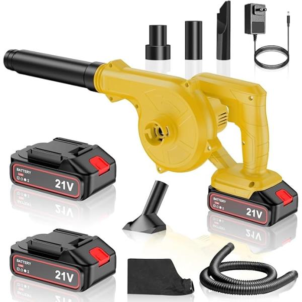 電動ブロワー強力 掃除ブロアー　コードレスブロワー 充電式 大容量バッテリー2個搭載  軽量　大風量吹き飛ばし集塵   屋外 庭木や落ち葉の掃除 庭掃除 除雪イエロー、赤、商品の寸法 15長さ x 9幅 x 20高さ cmメーカー UNIB...