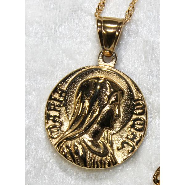 イエス・キリストの母、聖母マリアのコイン・ネックレスです。チェーンタイプは、レディース用にウォーターウェーブタイプ（45cm）が写真に写っておりますが、メンズのチェーン（60cm）に変更することが可能です。コイン裏面に書いてある「ニーバーの...