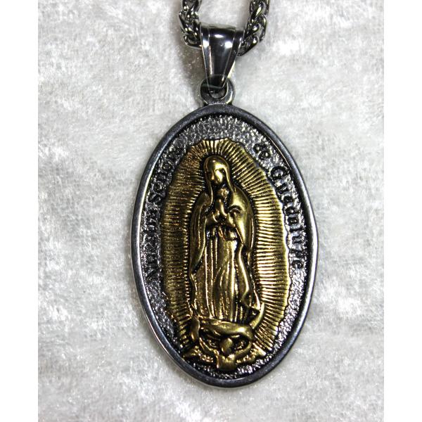 サージカルステンレス製の聖母マリアのペンダント、チェーンの長さは60cmです。裏面に書かれている言葉「Ruega por nosotros」は、スペイン語で、「お祈りください／私達をお守りください」というような意味です(↓)Dios te ...