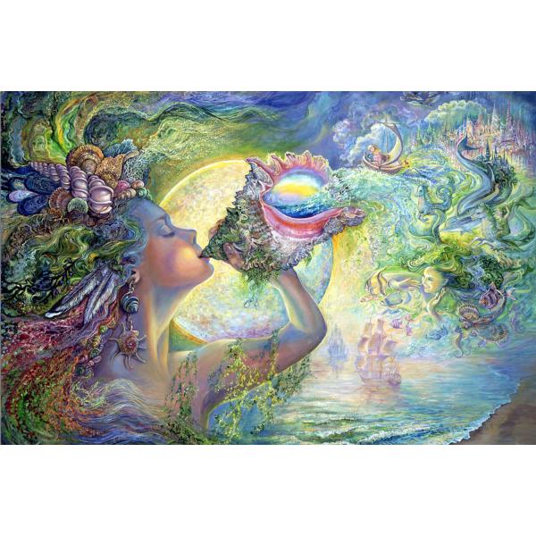 波の向こうから現れた海の女神がほら貝を吹くと、次々と海の驚異が生み出されていきます。1000ピースのジグソーパズルです。完成時の大きさは、70cm×50cmです。