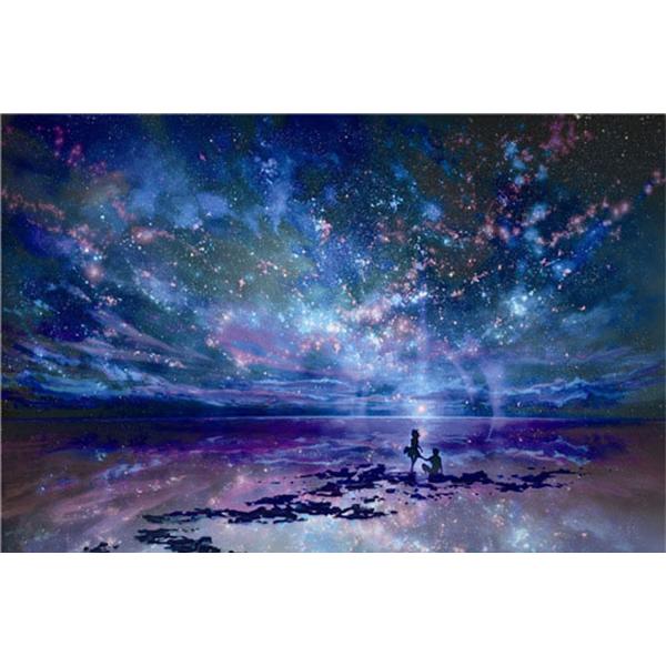 夜空に散りばめられたダイヤモンドのような星の輝きを眺める二人を描いた1000ピースのジグソーパズルです。完成時の大きさは、70cm×50cmです。