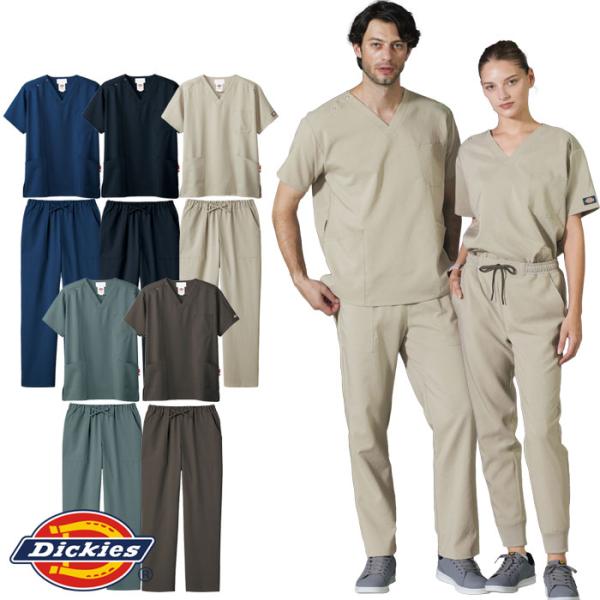 大人気ディッキーズシリーズのビンテージ風＆ストレッチ素材のスクラブ・パンツセット。何度もウォッシュをしたようなシボ感のある独特な風合いが魅力。高いストレッチ性で足さばきの良いストレートパンツ。ウエストはひも入り総ゴム仕様なので窮屈感がなく快...