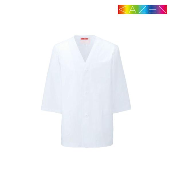 ■品名・品番：衿なし調理衣七分袖(男性／メンズ)　321-30■カラー：ホワイト■サイズ：M　L　LL　3L　4L　5L　6L■素材：ブロード(ポリエステル65%・綿35%)■機能・特長：制菌加工　胸ポケット　両腰ポケット付き　七分袖■着用...