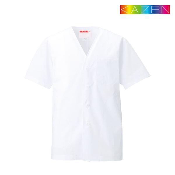 ■品名・品番：衿なし調理衣半袖(男性／メンズ)　322-30■カラー：ホワイト■サイズ：S　M　L　LL　3L　4L　5L　6L■素材：ブロード(ポリエステル65%・綿35%)■機能・特長：制菌加工　胸ポケット　両腰ポケット付き　半袖■着用...