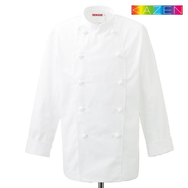 ■品名・品番：コックコート(男女兼用／ユニセックス)411-40A■カラー：411-40A.白■サイズ：SS　S　M　L　LL　3L　4L　5L　6L　7L　8L■素材：単糸ツイル(ポリエステル65%　綿35%)■機能・特長：男女兼用　内胸...