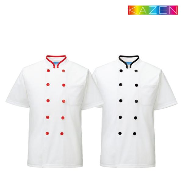 ■品名・品番：コックシャツ(男女兼用／ユニセックス)　632■カラー：15.ホワイト×ブラック　18.ホワイト×ワイン■サイズ：SS　S　M　L　LL　3L　4L■素材： 綿混トリコット(ポリエステル90%・綿10%)■機能・特長：左胸ポケ...