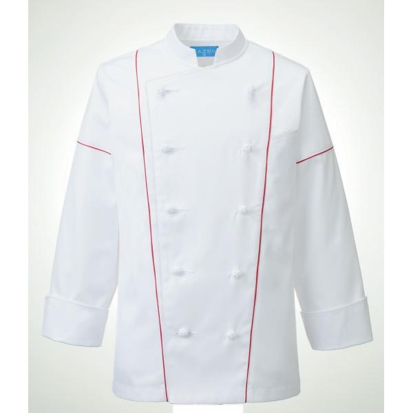 アプロンワールド 厨房用衣料603-74 603-75サイズ：SS〜4L色：ホワイト×レッド、ホワイト×ブラック素材：綿55％ポリエステル45％高耐久性防汚加工　左胸ポケット付　組紐ボタン