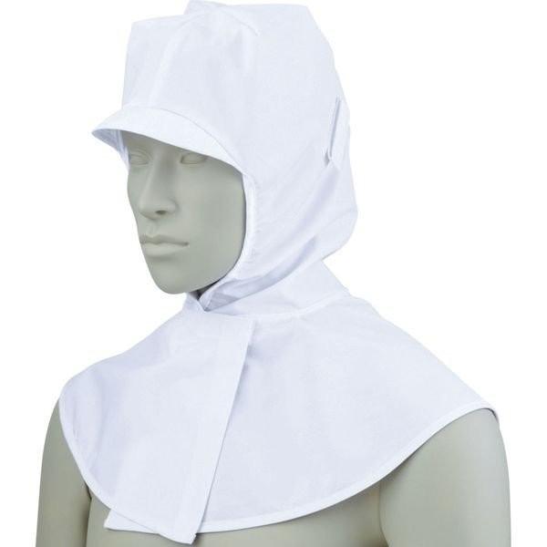 ■使用素材：ポプリン ポリエステル65％・綿35％■素材特徴：抗菌加工（O157対応）■形状特徴：ケープ付 マスク留め付 顔まわりニットテープ仕様 マジックテープ調節式ケープ付タイプ（顔まわりをすべて覆い、異物混入を防ぐフルガードタイプ）。...