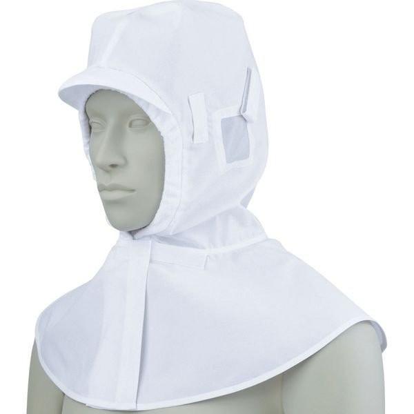 ■使用素材：ポプリン ポリエステル65％・綿35％■素材特徴：抗菌加工（O157対応）■形状特徴：パイル付（ゴム入り） ケープ付 メガネ留め付 マスク留め付 耳部分メッシュ マジックテープ調節式ケープ付タイプ（顔まわりをすべて覆い、異物混入...