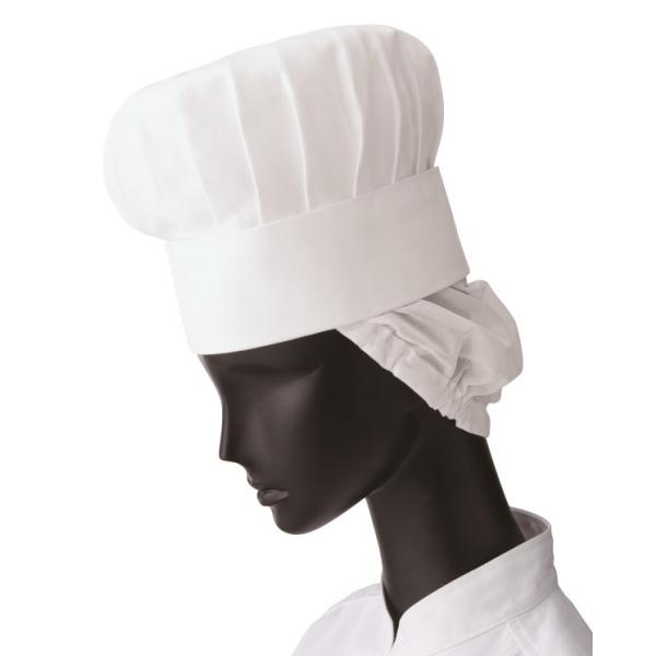 ●綿100%/カツラギ●高さmm:270 丈夫なカツラギ素材のコック帽。頭髪混入防止のメッシュ付き。