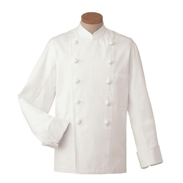 素材：ポリエステル65%+綿35% ツイル厚手特長：外パッチポケットリーズナブルな価格でお求めやすいスタンダードタイプのO型コックコート。耐久性に優れたツイル素材で着心地がよく快適。組紐ボタンが高級感を演出します。