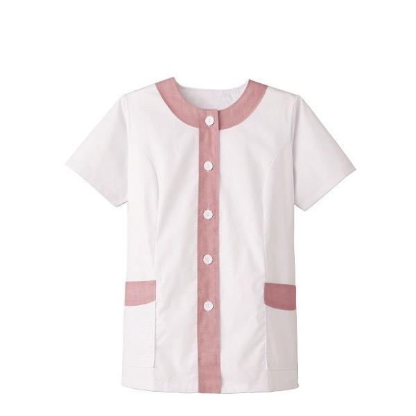 ■使用素材：ポプリン ポリエステル65％・綿35％■素材特徴：フレッシュエリア加工 抗菌加工■形状特徴：両腰ポケット調理場のプロたちを快適にサポート。衿周りと前立てのふんわり可愛いパステルカラーがアクセント!後ろスリット入りの半袖調理衣。吸...