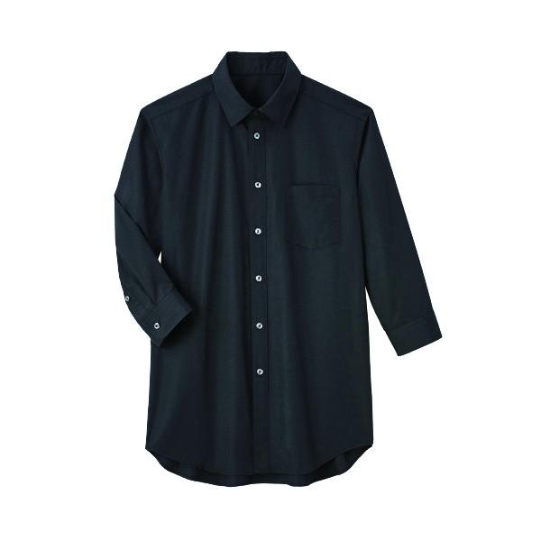 素材：ブロードポリエステル 65%・綿 35%七分袖、左胸ポケット、すっきりシルエット定番シンプルなブラックシャツをより動きやすくスマートにブラッシュアップ