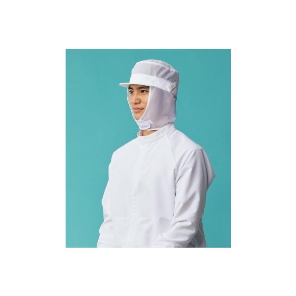 住商モンブラン メッシュ丸天帽子たれ付きサイズ：フリー色：白　白/ブルー　白/グリーン　白/ピンク素材：制電トロピカル（ポリエステル100％）　　　メッシュ（ポリエステル100％）仕様：制電　透け防止　吸汗マジック調節可能なあごヒモ付きタイ...