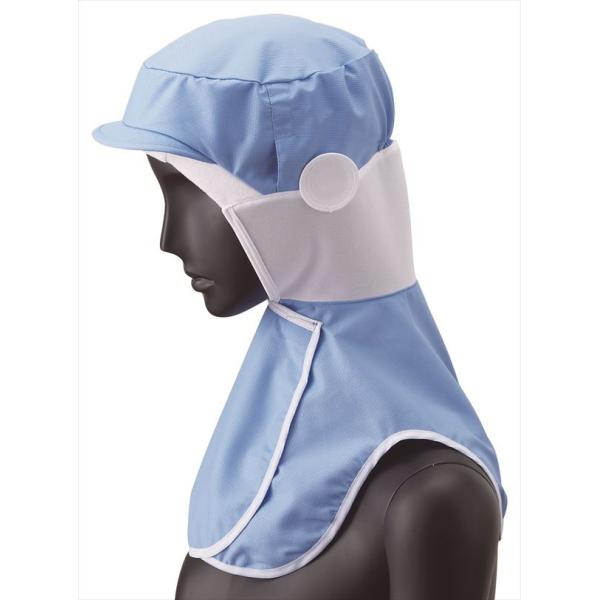 サンペックスイスト 作業用帽子 クールフードサイズ：S〜LL色：サックスツバ：織芯前部留め：マジックテープマスク掛け：円掛け式メガネさし：スリット式後頭周り調整：ゴム入りケープ：共布素材：ポリエステル６０％綿３４％複合繊維６％、ドビー