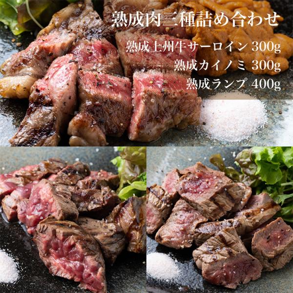 30日間氷温熟成させた旨味凝縮肉汁じゅわ〜〜〜っな熟成肉をお楽しみいただけます。【内容量】熟成肉(群馬県産牛サーロイン肉)300g熟成肉(AUS産牛カイノミ肉)300g熟成肉(AUS産牛ランプ肉)400g【保存方法】-18℃以下で冷凍保存【...
