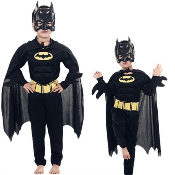 ハロウィン コスチューム キッズ  3点セット 子供 男の子 お面付 マント付き かっこいい マッチョ バットマン 筋肉服 バットマン コスプレバットマンコスチューム オールインワン 新年会 忘年会 コスプレイベント仮装 学園祭文化祭仮装品...