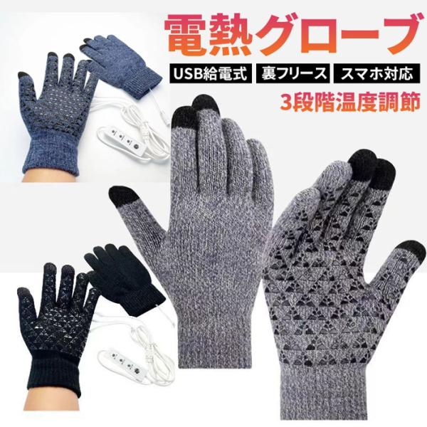 電熱手袋 3段階温度調節 ヒーター付き USB給電式 ニット スマホ対応 男女兼用 裏フリース 滑り止め ホットグローブ 電熱グローブ 配色 柔らかい グローブ 手袋 バイク 自転車 散歩 魚釣り 洗濯可能品番：shenli06カラー：ブル...