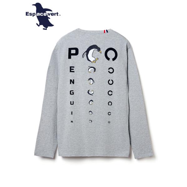 ESPACE VERTのロングスリーブT。よく見ると…ペンギンで視力検査？？「背中で視力検査できるかな？」がコンセプトの遊べるバックプリントシリーズです。フロントはペンギンとロゴを組み合わせたワンポイントプリント、バックは視力検査表をベース...