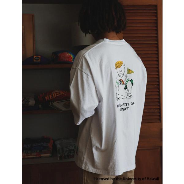 NUTMEG限定のハワイ大学のスーパービッグシルエットTシャツ。90年代のアメリカの雰囲気を感じさせるグラフィックデザイン。着抜プリントの手法を用い、まるで古着のような風合いの掠れ加工が今らしいアイテムです。バックプリントのベアがポイントで...
