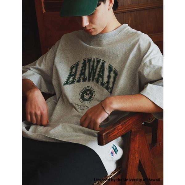 NUTMEG限定のハワイ大学のスーパービッグシルエットTシャツ。90年代のアメリカの雰囲気を感じさせるグラフィックデザイン。着抜プリントの手法を用い、まるで古着のような風合いの掠れ加工が今らしいアイテムです。USAコットンならではの、着こむ...