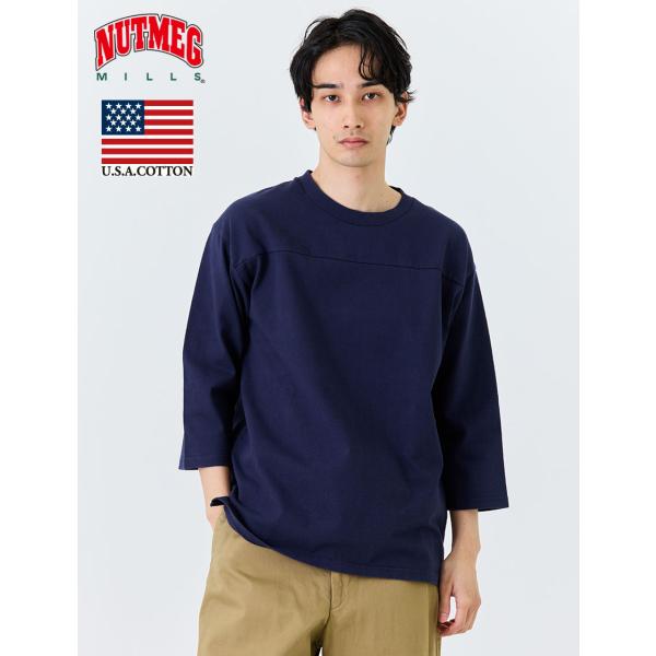 NUTMEG MILLSの切替7分袖Tシャツ。レギュラーシルエットです。USAコットンを使用したタフな7.6オンスの肉厚ボディに洗い加工を施し、こなれ感のある風合いに仕上げました。ヘビーウェイトならではのしっかりとした生地感で、透けにくく、...