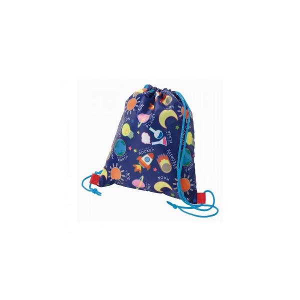 ワクワクが詰まったサイエンス柄のナップザックです。イラストと英単語が書いてあるので、英語の勉強にも。