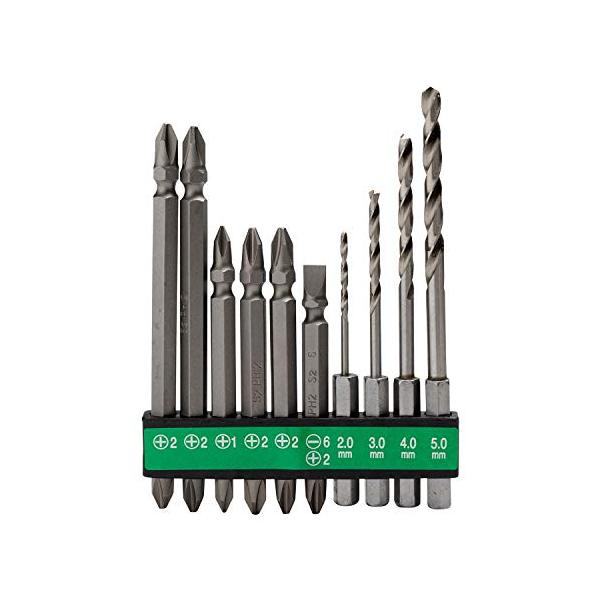 ビットセット(10本入)-/六角軸二面幅:6.35mm/0040-1000・Style:ビットセット(10本入)・パッケージ個数:1・六角軸二面幅:6.35mm・セット内容:ドリル2.0mm、3.0mm、4.0mm、5.0mm、両頭ドライバ...