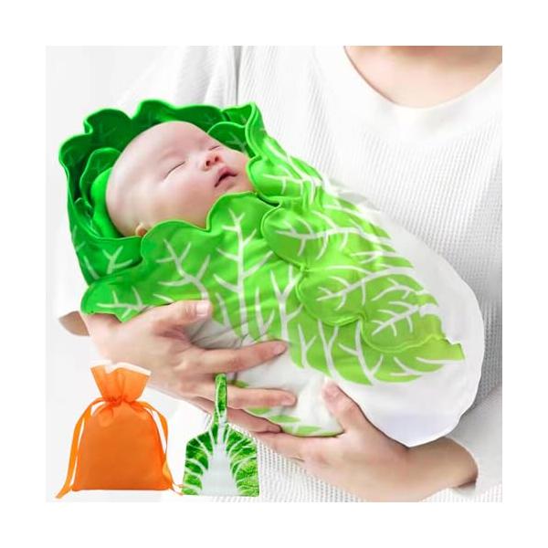 モダン?緑（白菜）/シングル/TS029・リアルでユニークな白菜デザイン：本物そっくりの白菜おくるみは、新生児用としてデザインされたユニークなアイテムです。帽子付きで、赤ちゃんの可愛さが倍増し、SNS映えも抜群。記念撮影や特別な瞬間を彩り、...
