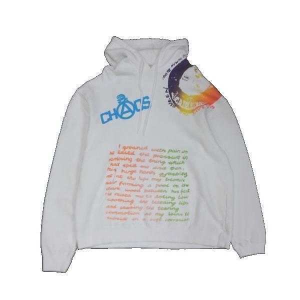 サイズ：表記2-肩幅62cm、身幅60cm、着丈66cm、袖丈52cmカラー：ホワイトコンディション：Cランク-襟元・フード周り汚れ、左袖シミ素材：綿100%コメント：99%IS × SEDITIONARIES 18SS CHAOS パーカ...