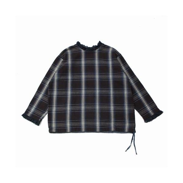 サイズ：表記3-肩幅47cm、身幅60.5cm、着丈66cm、袖丈53cmカラー：ブラウン×インディゴコンディション：Aランク-柔軟剤匂いあり素材：綿100%コメント：45r フォーティーファイブアール 22AW 藍ざっくりネルのフリルTシ...