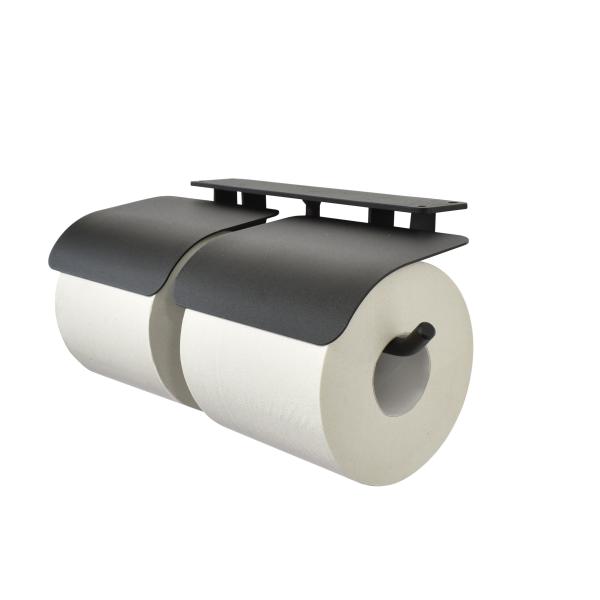 天付けペーパーホルダーの2連タイプが誕生しました！棚下などに取付けできるペーパーホルダーです。サイズ 幅325mm 奥行146ｍｍ 高さ67mm素材 鉄　塗装 粉体焼き付け塗装 サンドブラック※お取付用に、M5×25 黒色サラビスを4本付属...