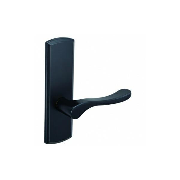 ドアのレバーハンドルです。表面をブラック色の塗装で仕上げしています。レバーハンドルは左右兼用です。レバーを左向きに取り付けることも可能です。空錠ドアをロックする機構を備えていない標準的なレバーです。間仕切り錠ドアをロックする機構を備えている...