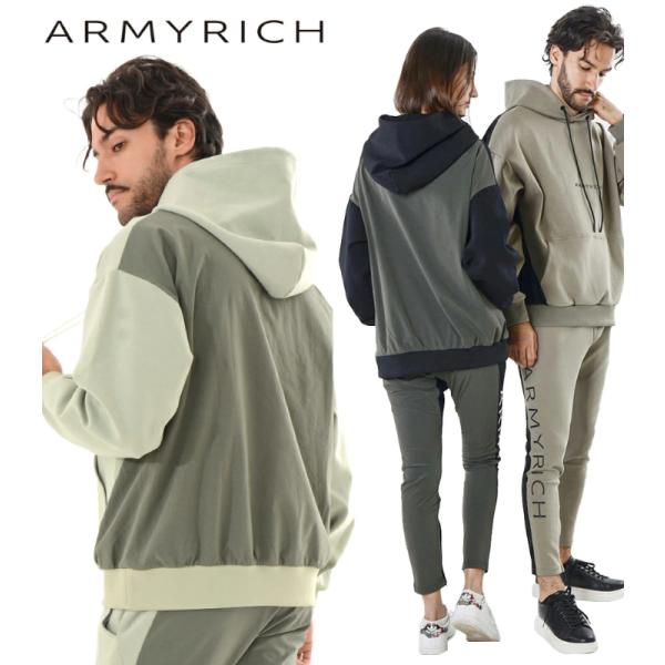 ARMYRICH セットアップ 上下セット ジャージ オーバーサイズ前身は「ボンディング」で暖かい、後ろ身は「ナイロン」で軽さをプラス。パーカーはややオーバーサイズでラインを拾わず体型をカバー。パンツのウエストはドローコードを採用した楽に脱...