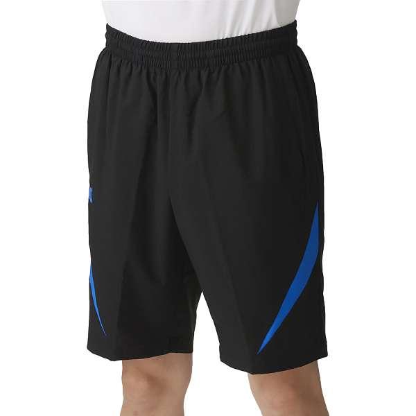 チーム用の布帛ハーフパンツです。フィットシルエットですっきり見えるパターンを採用しています。5連アリーナマーク使用デザインです●カラーBKBU：ブラック×ブルー●素材ARNウーブン●原産国中国