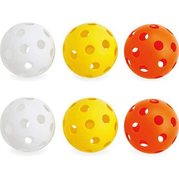 フルスイングにも対応。ティー・トス・室内練習球として最適な、飛びにくい打感バツグンの穴あきボールです。ソフトボール用の９２ｍｍサイズです。お徳用６個入り。素材：ポリエチレン（ハードプラスチック）サイズ：９２ｍｍ重さ：約３８ｇ用途：ティーバッ...