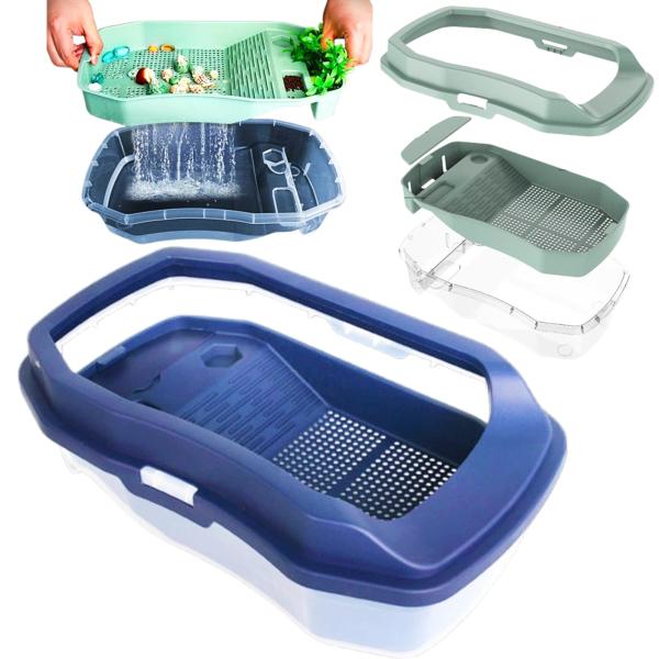 merrytime 亀水槽 飼育ケース 亀の水槽 Mサイズ 35×21×12cm フェンス付 脱走防止 飼育ボックス 爬虫類ケース 亀の家 亀飼育 水換え簡単 フン取り除ける 三層構造 ブルー